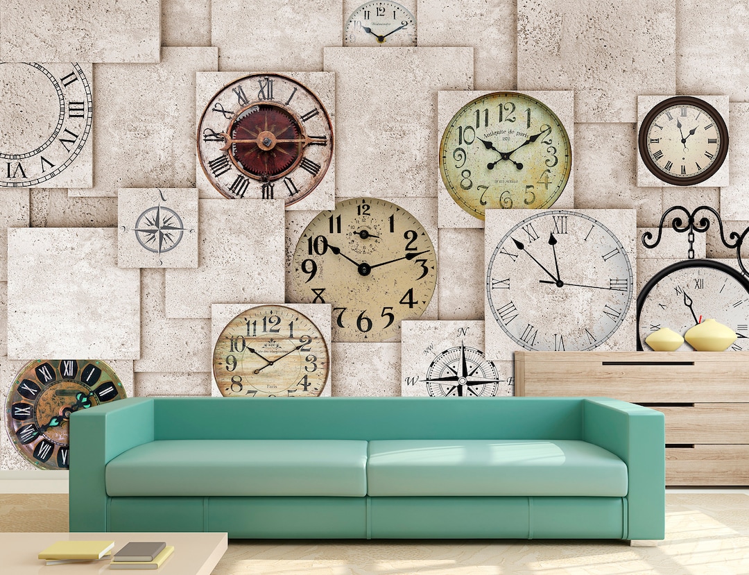 Clock Wall Art Removable Wallpaper Time Wall Decor Vintage Wallpaper ...