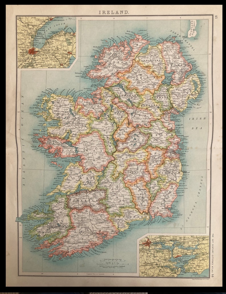 Antique 1902 Ireland Map - Original - Bartholomew - Dublin - Belfast ...