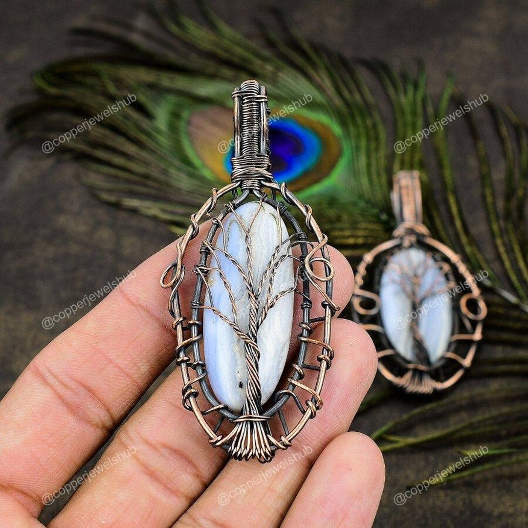 Natural Blue Lace Agate Wire Wrap Pendant, Gemstone Pendant, Blue ...