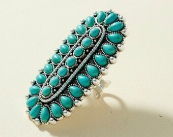Turquoise and Silver Western Aztec Statement Ring, Adjustable ...