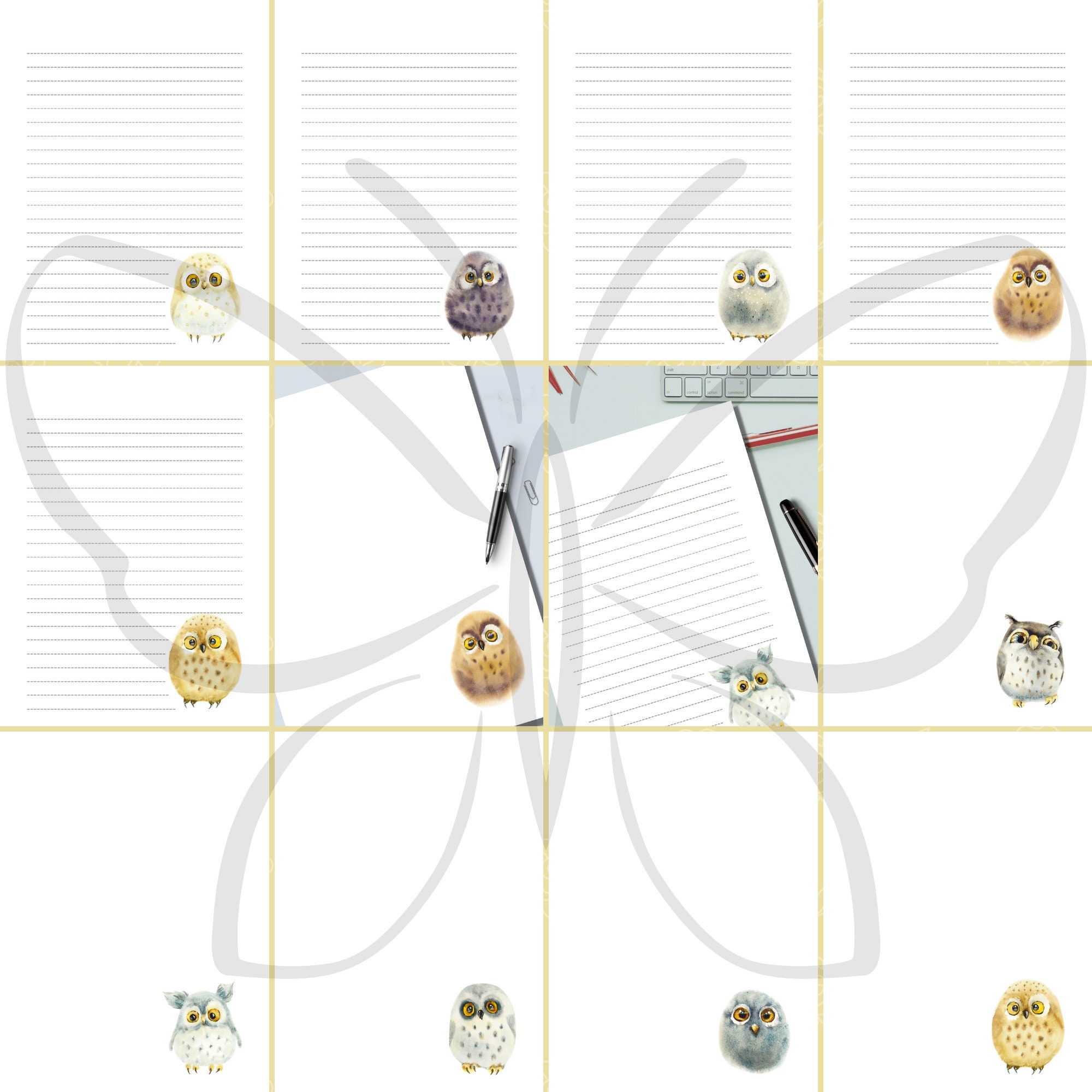 Owl Watercolor Printable Stationery Paper, Owl Printable Paper ...