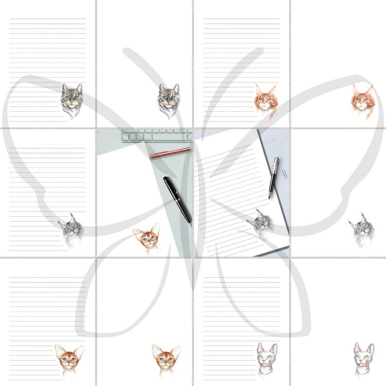 Watercolor Cat Portraits Printable Stationery Paper With 5 Adorable ...