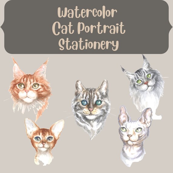 Watercolor Cat Portraits Printable Stationery Paper Cats | Etsy