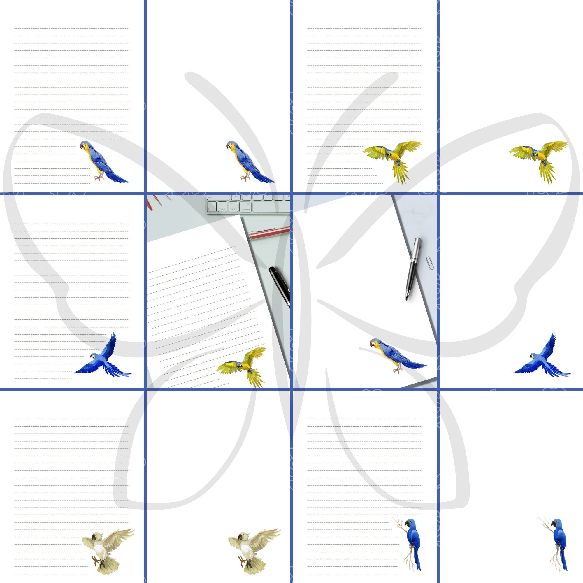 Watercolor Parrot Printable Stationery Paper With 5 Different Designs ...