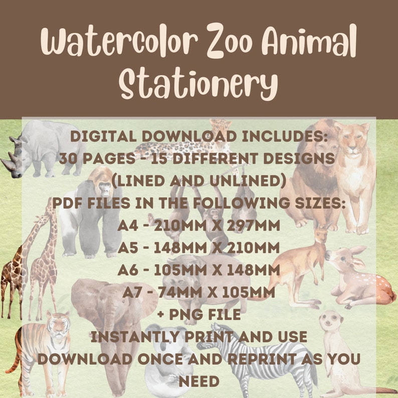 Watercolor Zoo Animal Printable Stationery, Zoo Animals Printable Paper ...