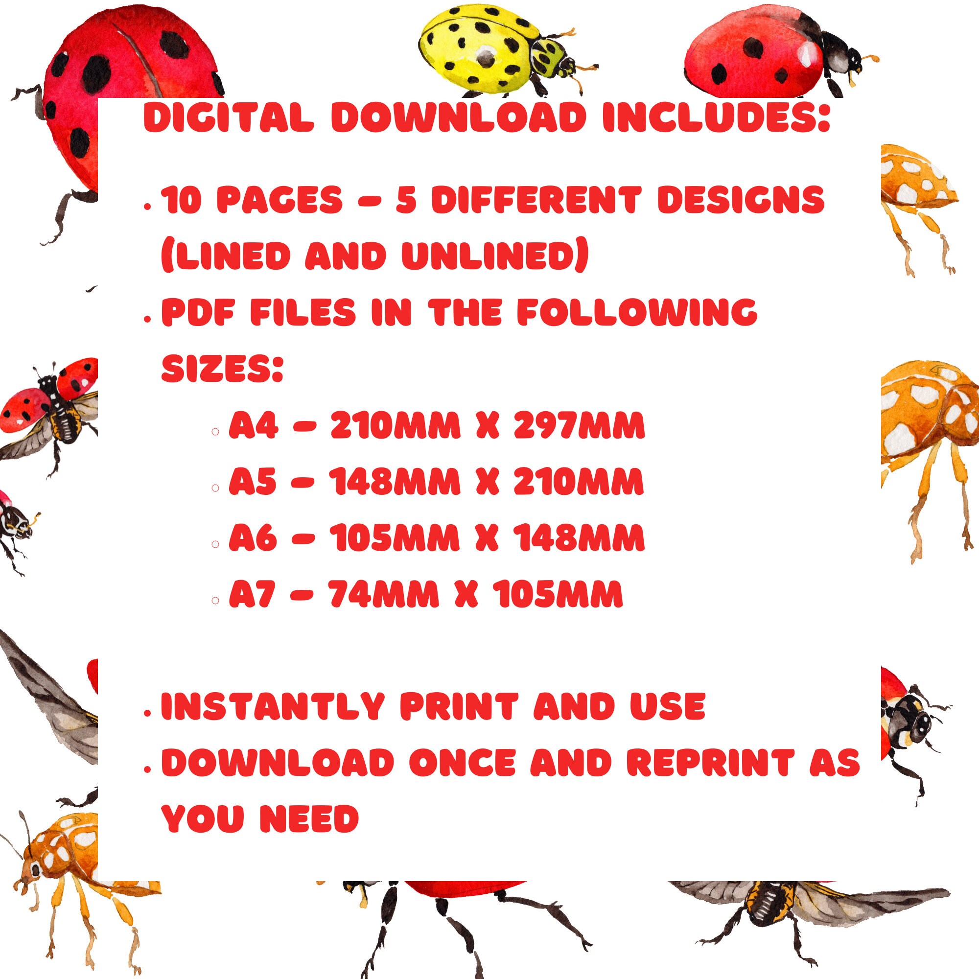 Ladybug Watercolor Stationery | PNG & PDF | Lined and Unlined ...