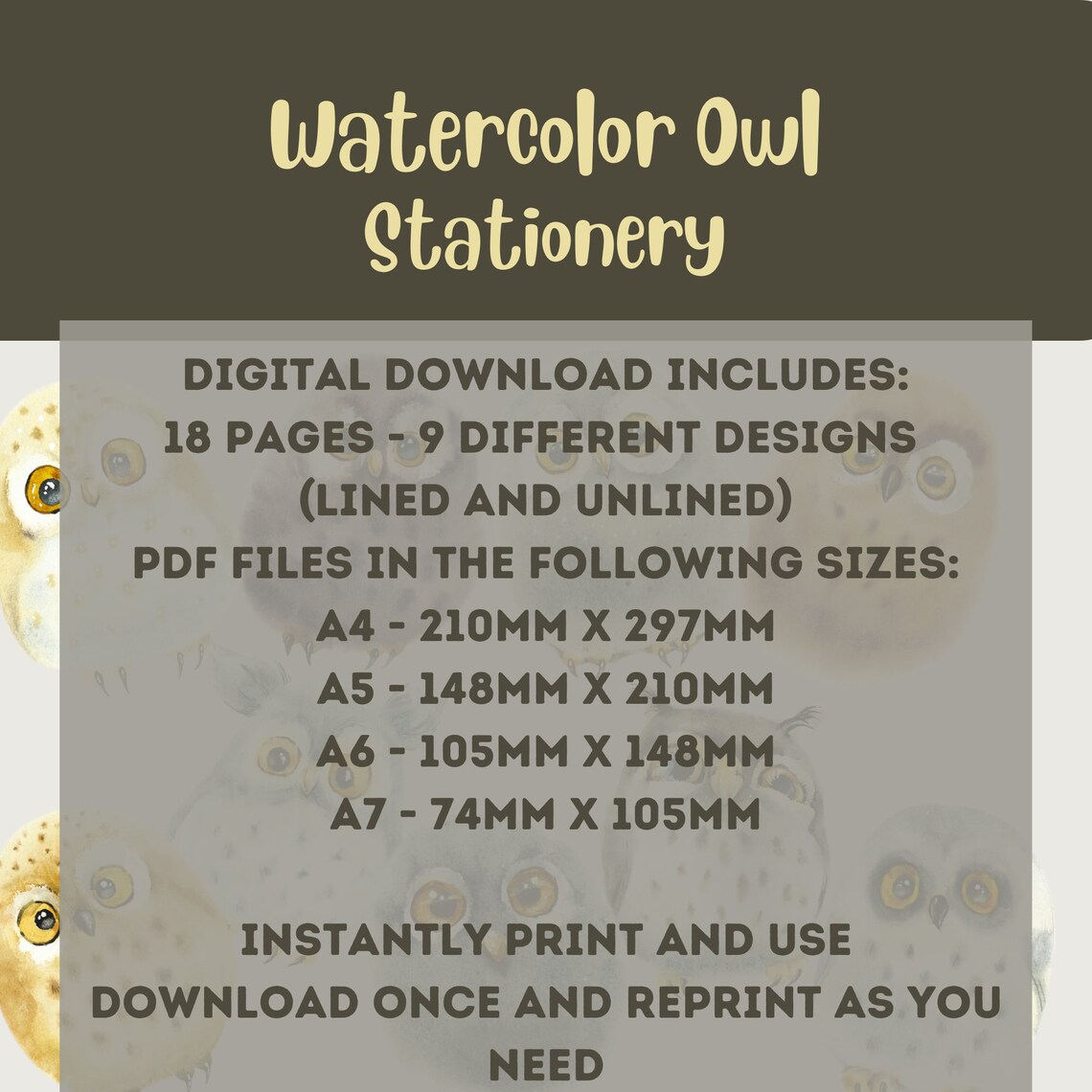 Owl Watercolor Printable Stationery Paper, Owl Printable Paper ...