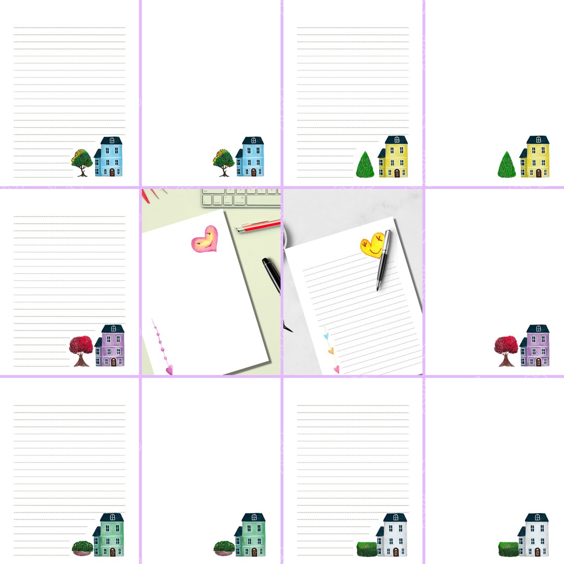 Watercolor Houses Printable Stationery Paper, Home Printable Paper ...