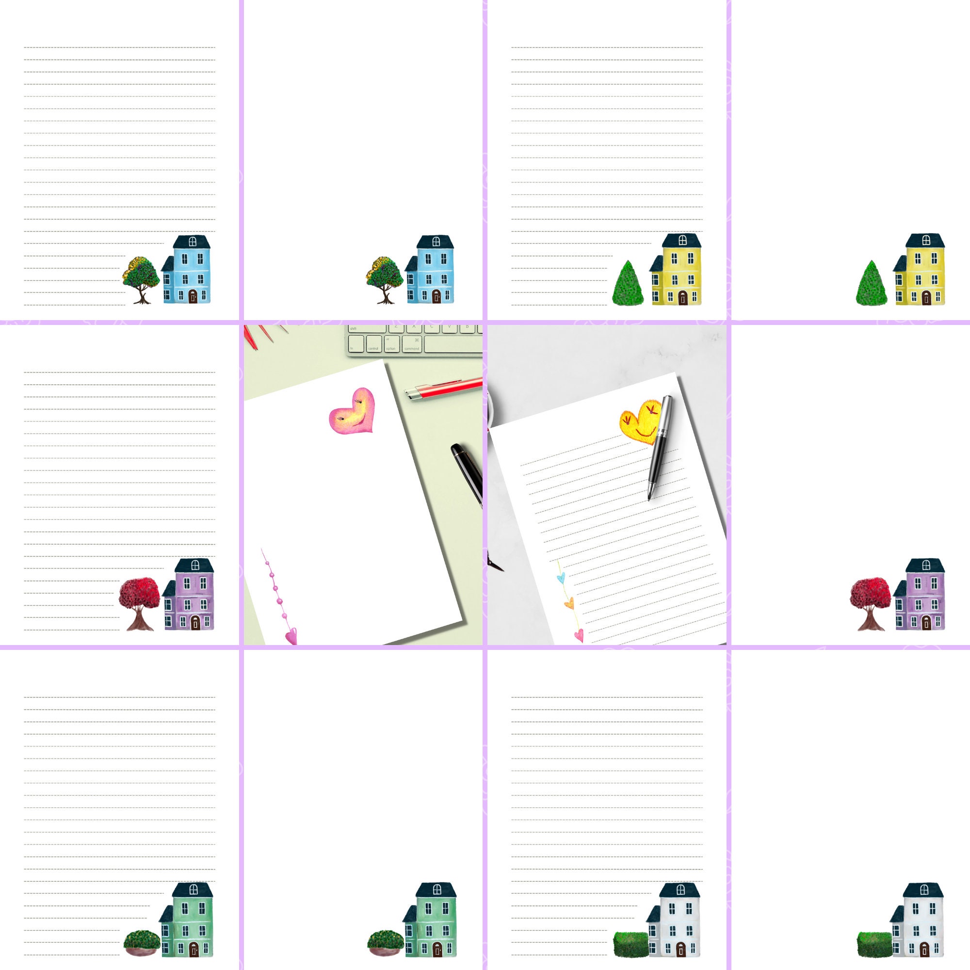 Watercolor Houses Printable Stationery Paper, Home Printable Paper ...