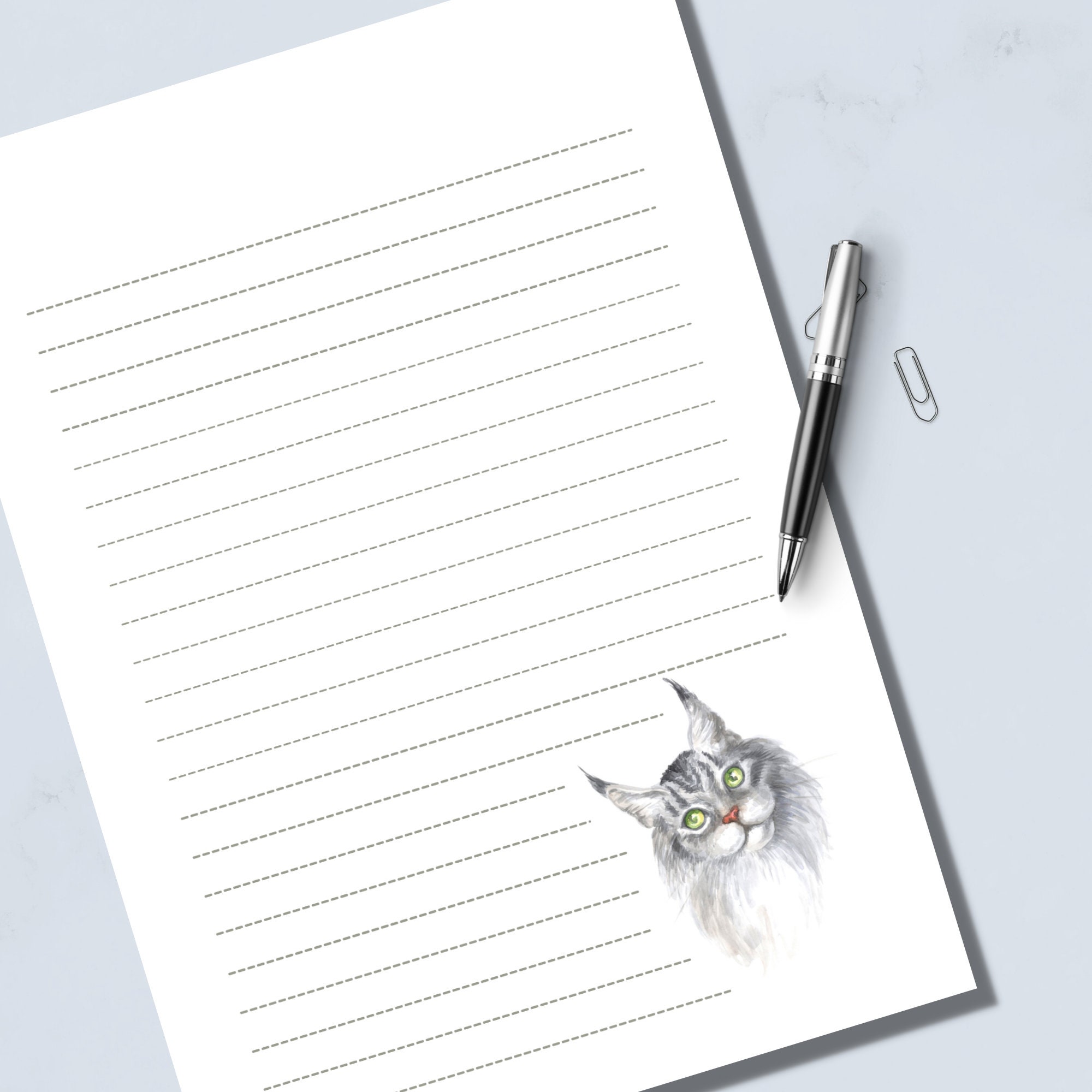 Watercolor Cat Portraits Printable Stationery Paper With 5 Adorable ...