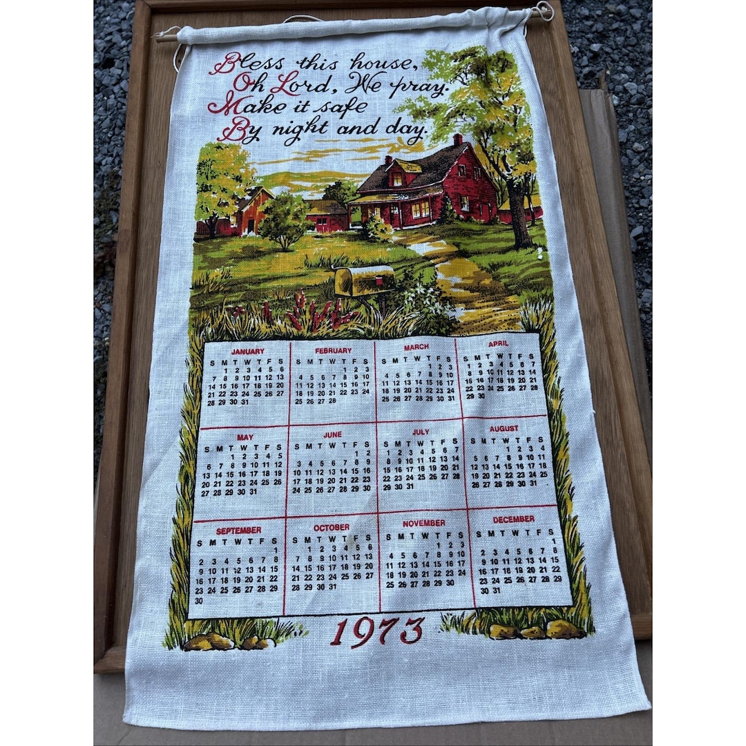 Vintage 1973 Tea Cloth Calendar Linen Wall Hanging Bless This House ...