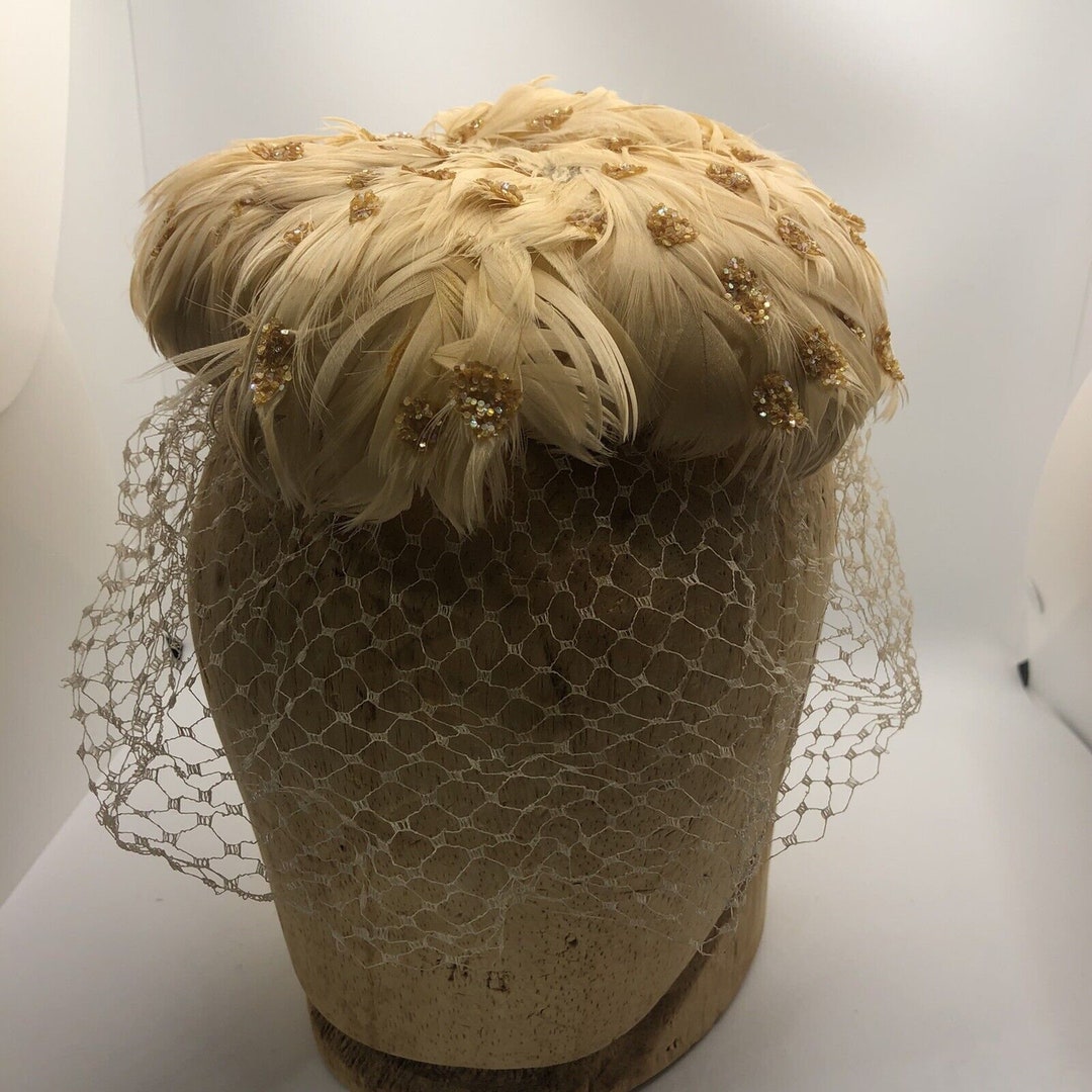 Miss Sally Victor NY Hat Fascinator Peach Feathers Rhinestone 1950-60 ...