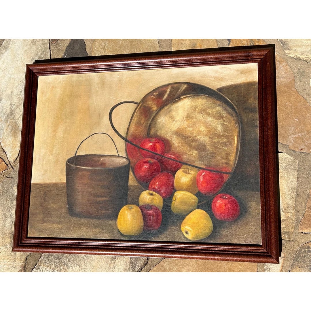 Hand-painted Still Life With Apples & Brass Tray Framed Oil on Canvas ...