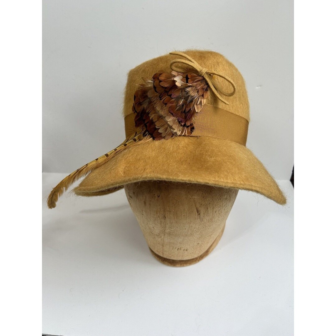 KMF Vintage Yellow Wool Hat Fedora Union Tag Feathers Size 7 - Etsy