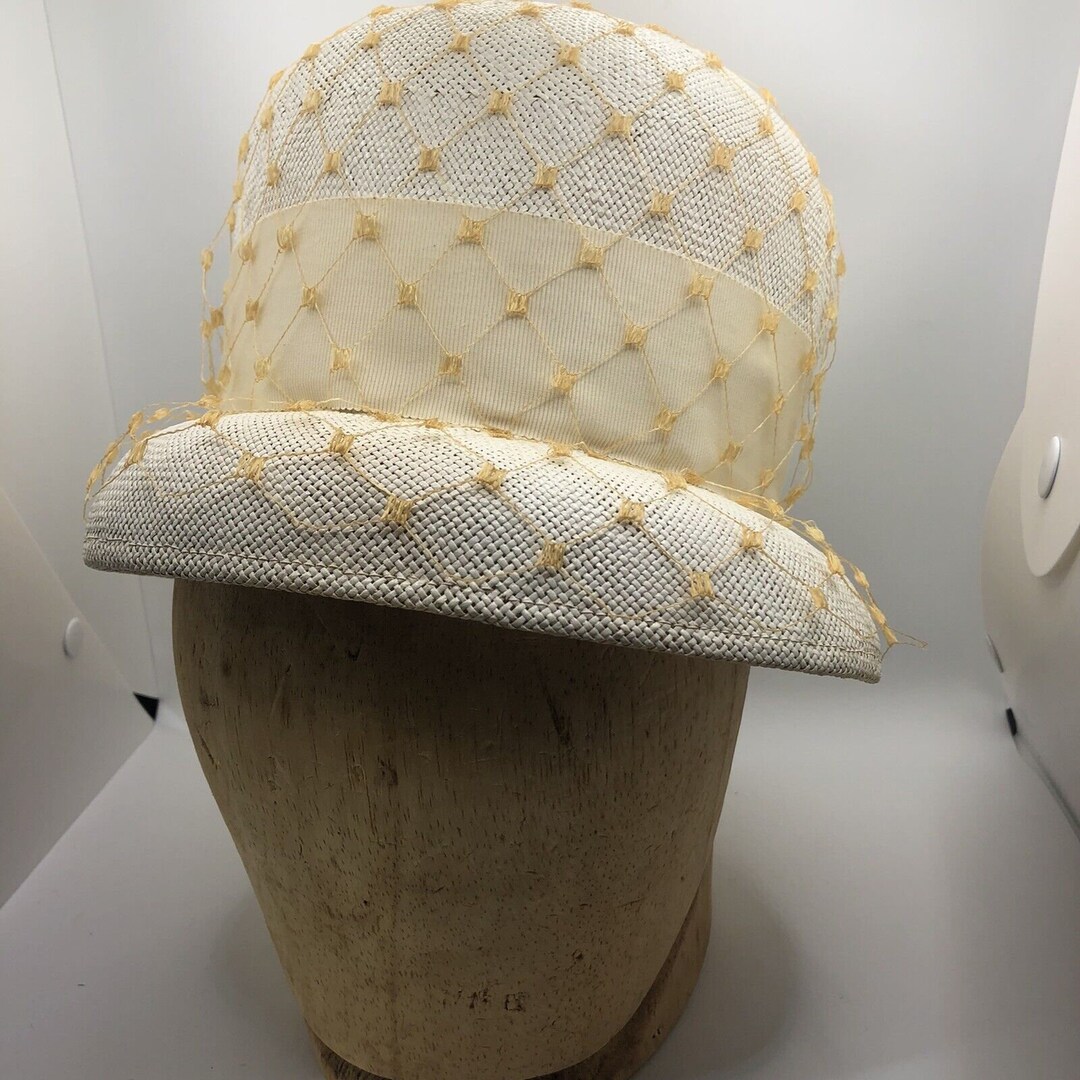 Vintage Bucket Hat Ivory Straw With Yellow Netting - Etsy