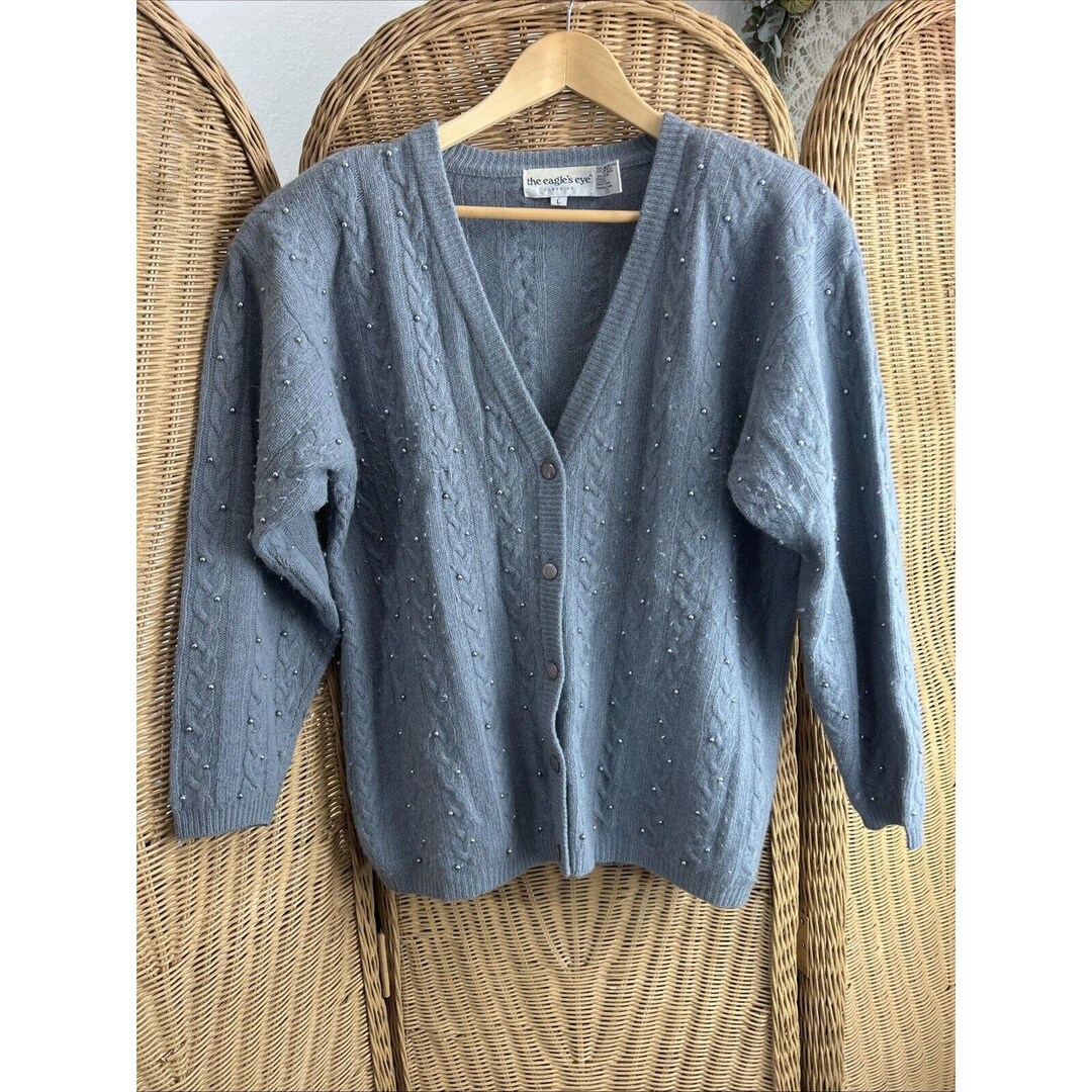 Vintage Eagle's Eye Sweater Cardigan Gray Pearl Bead LG Grandma ...