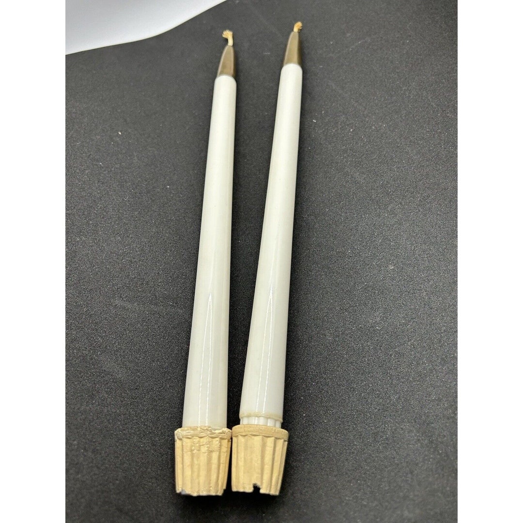 Pair Gold Tip MCM Refillable Candle Sticks Amber Glo Everlasting White ...