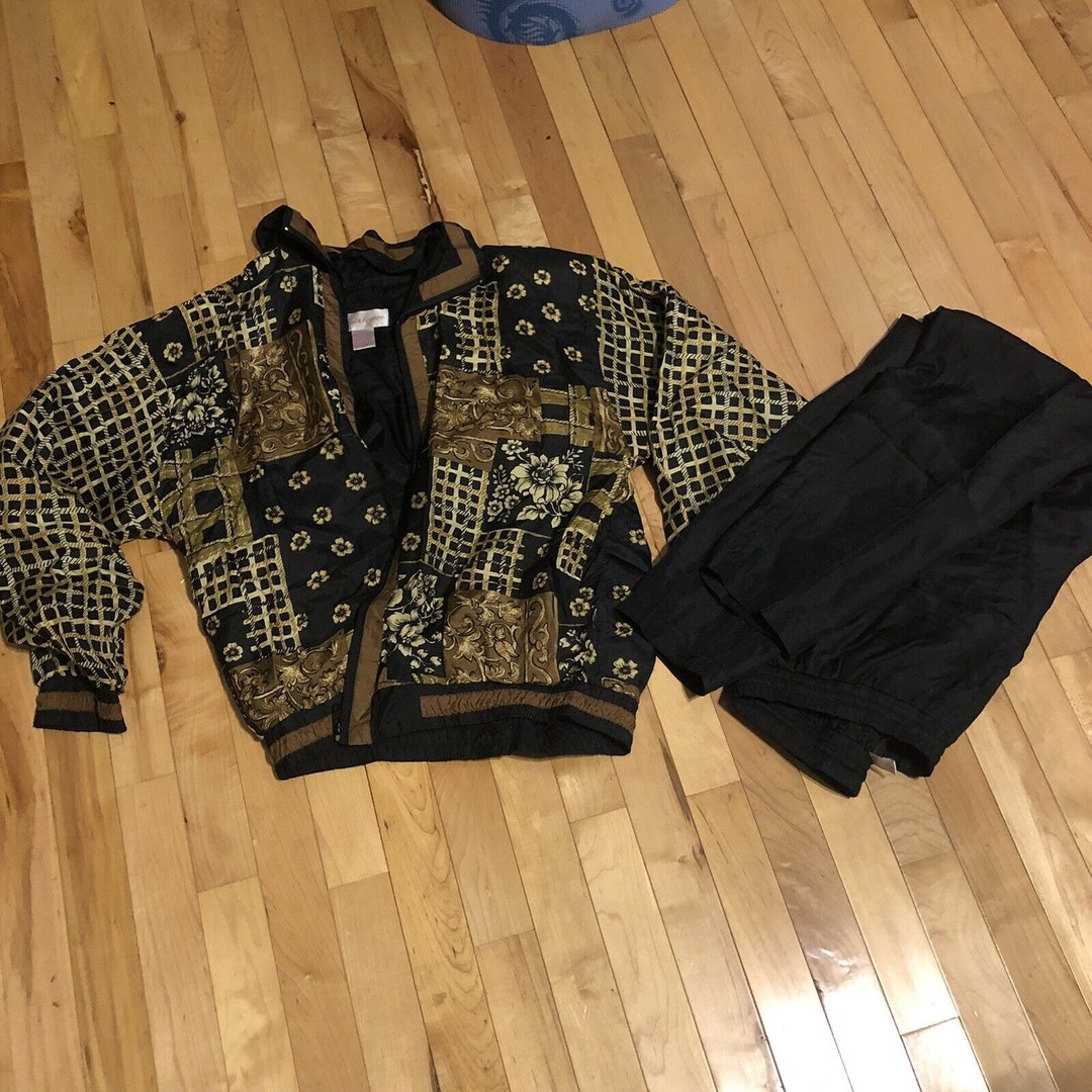 Vintage Wind Suit Rhoda Lynne Silk Jacket Black Gold Small and Nylon ...