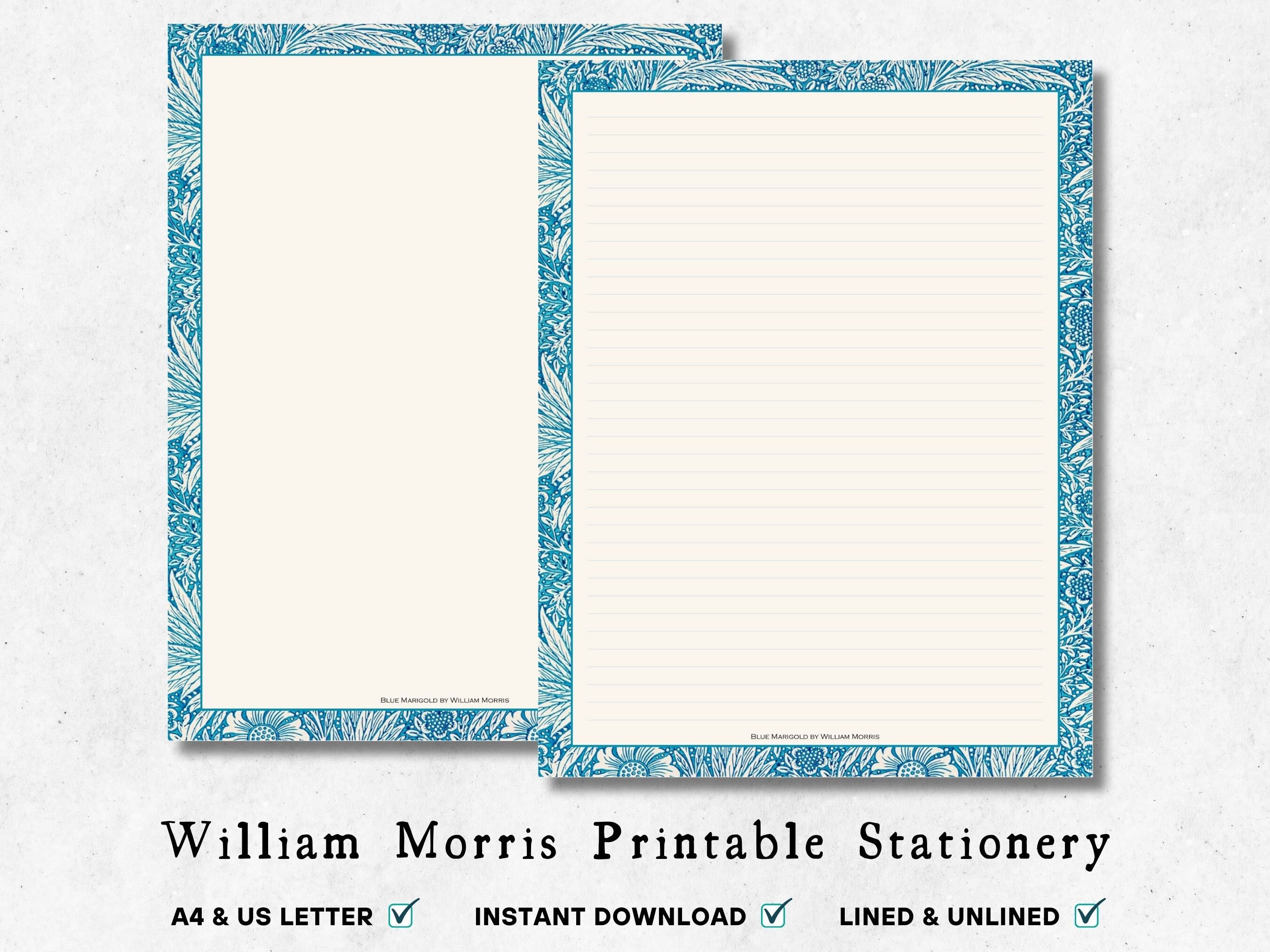 William Morris Printable Stationery, Vintage Blue Marigold Writing ...