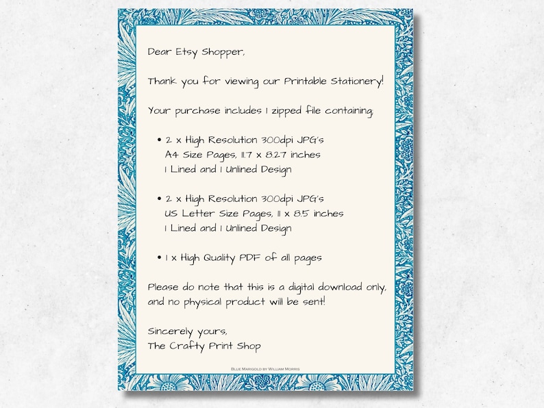 William Morris Printable Stationery, Vintage Blue Marigold Writing ...