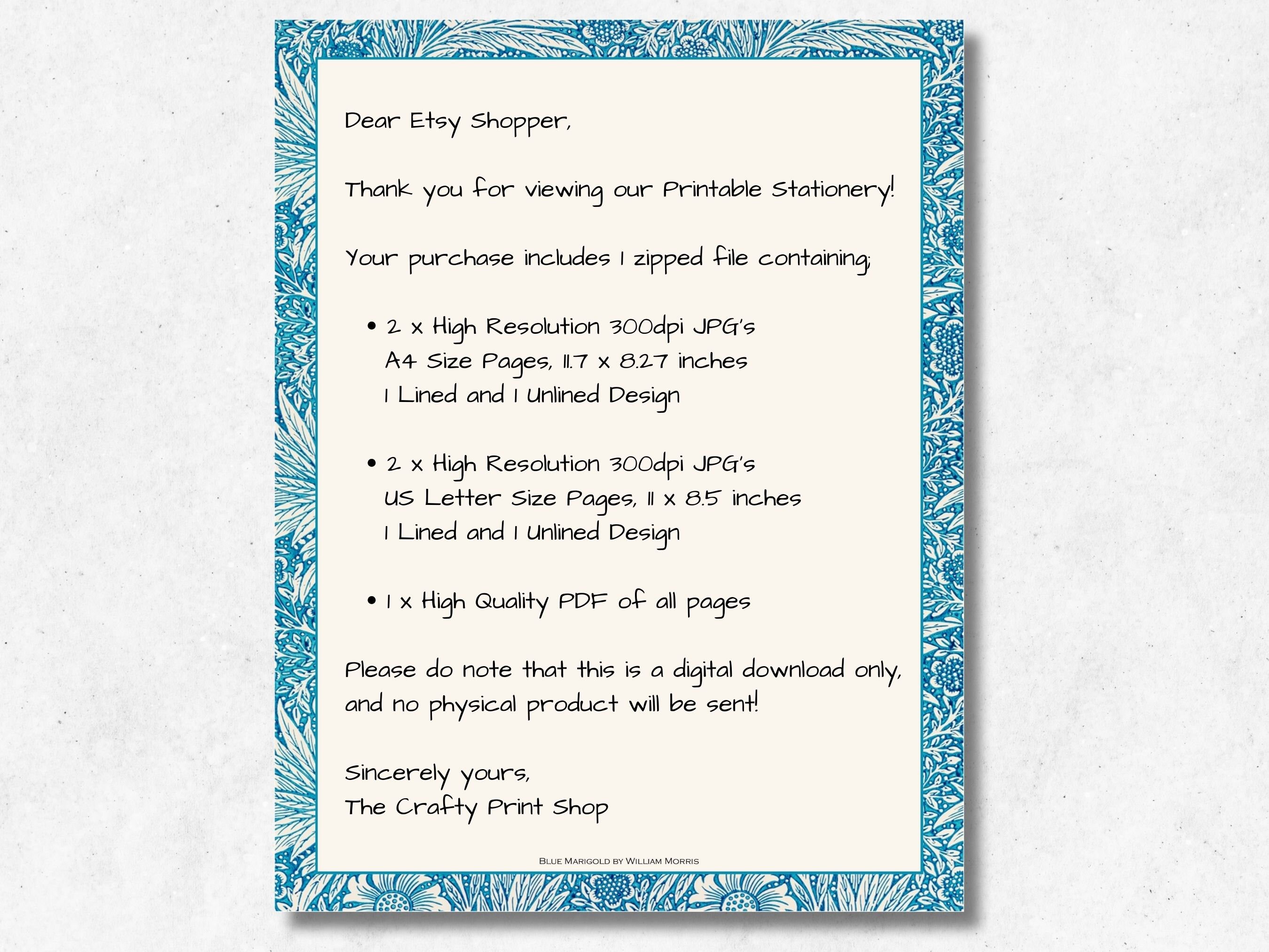 William Morris Printable Stationery, Vintage Blue Marigold Writing ...