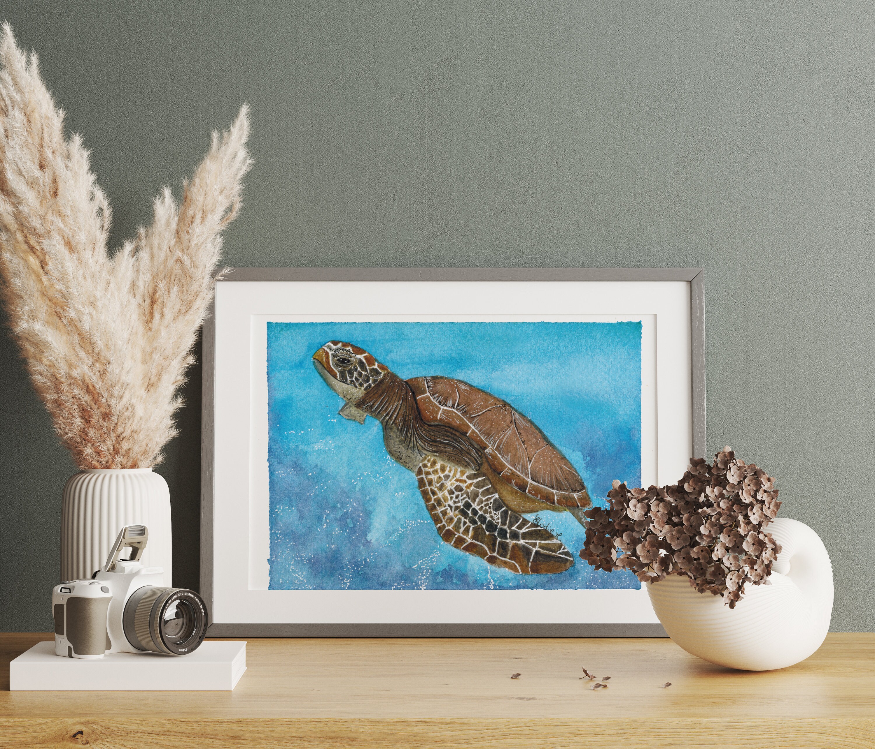 Hand Painted Green Sea Turtle, Original Watercolor Painting, Coastal ...