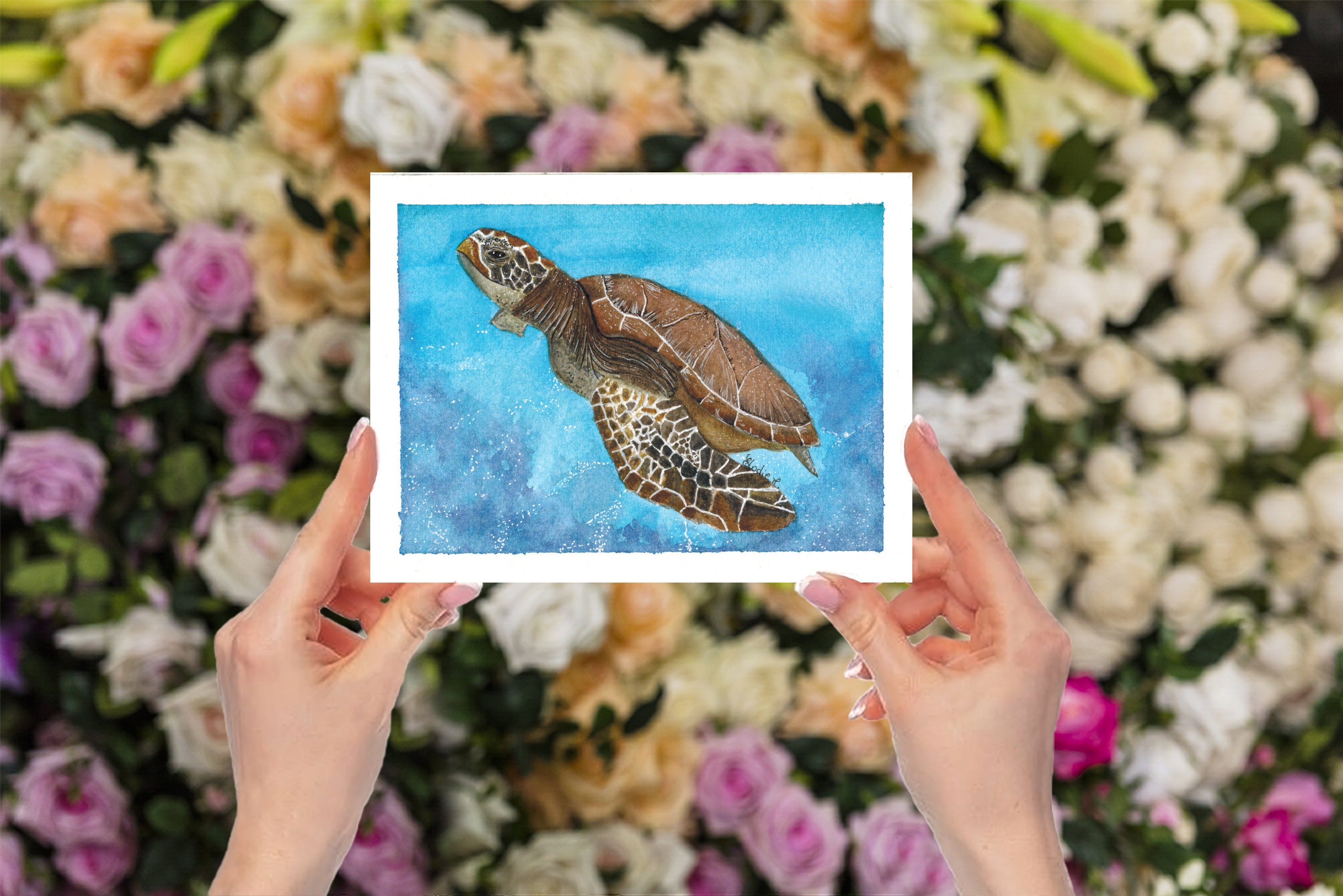 Hand Painted Green Sea Turtle, Original Watercolor Painting, Coastal ...