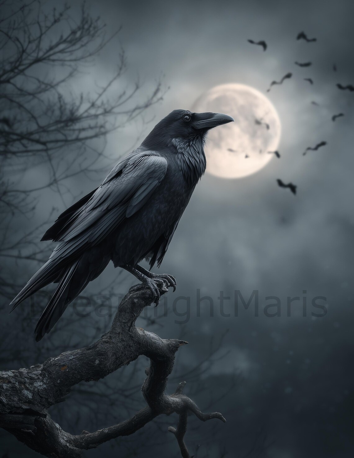 Dark Raven & Full Moon Halloween Wall Art – Gothic Crow Digital Prints ...