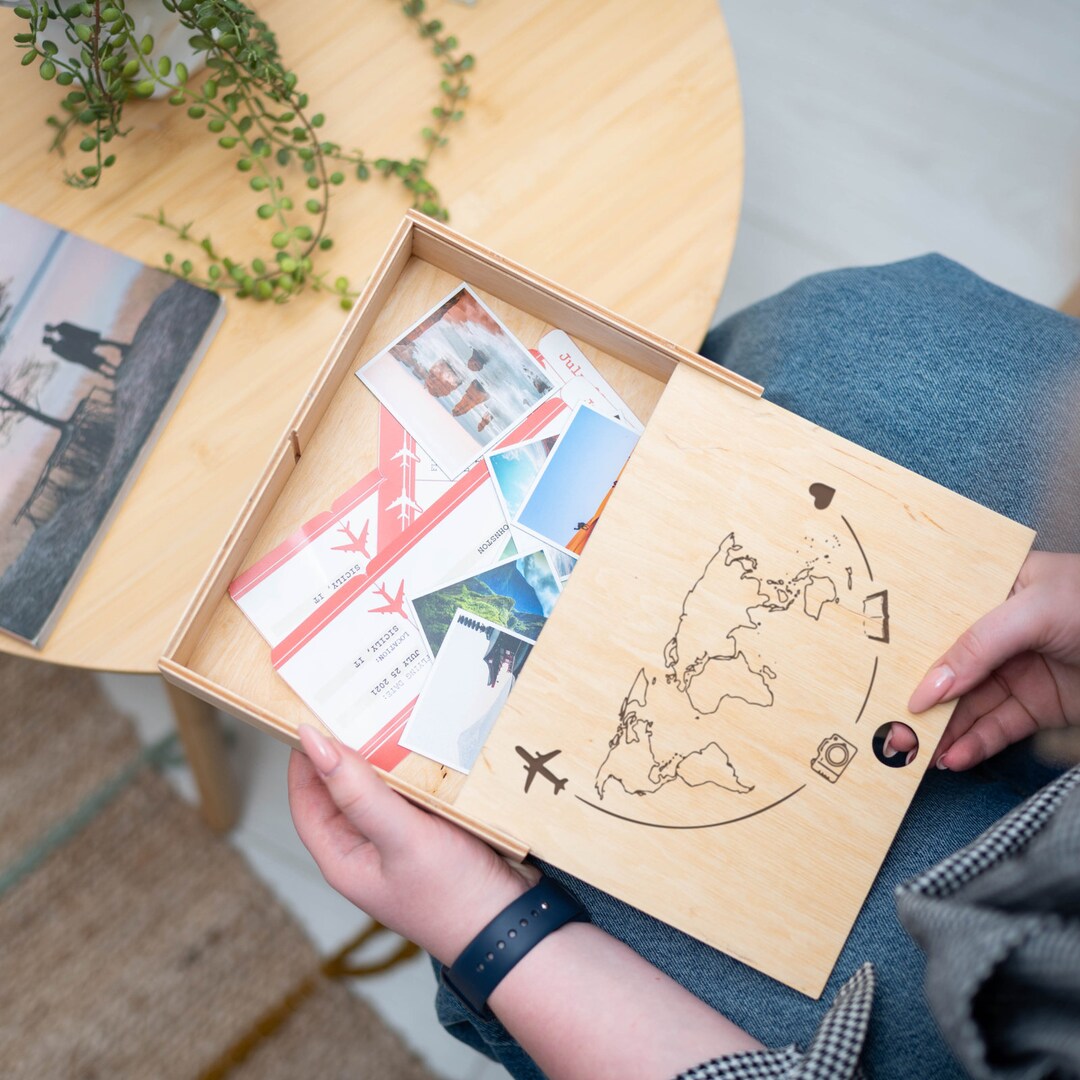 Travel Memory Box, Wood Box for Photo Cards Tickets, 5th Anniversary ...