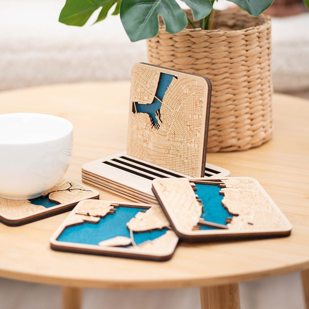 Custom Wood Map Coasters, Personalized City Map Coasters, Housewarming ...