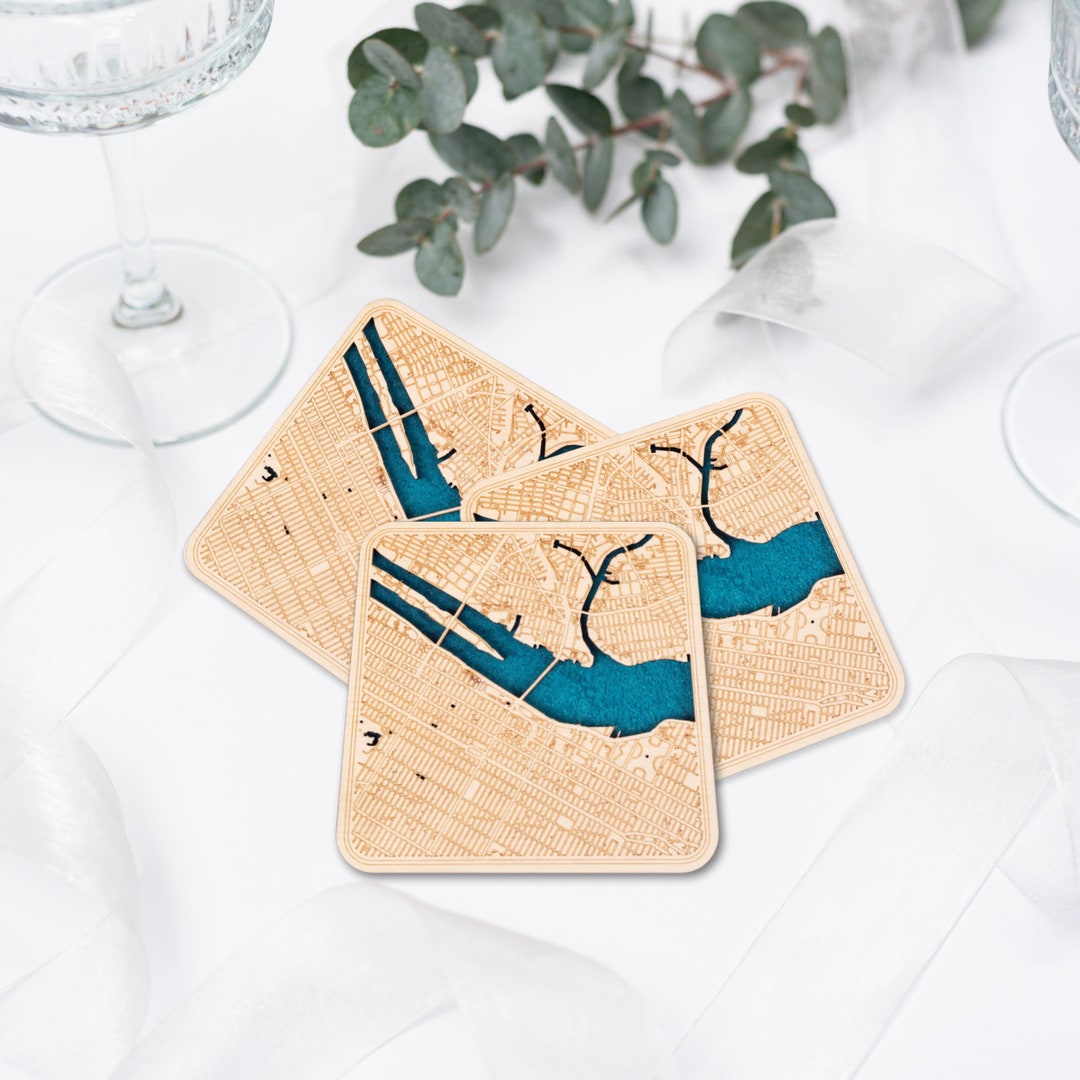 Custom Map Coasters, City Map Coasters, Wooden Map Coasters, Engraved ...