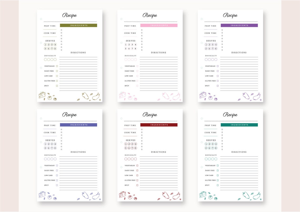 Recipe Book Pages Recipe Template Digital Recipe Sheet Meal - Etsy