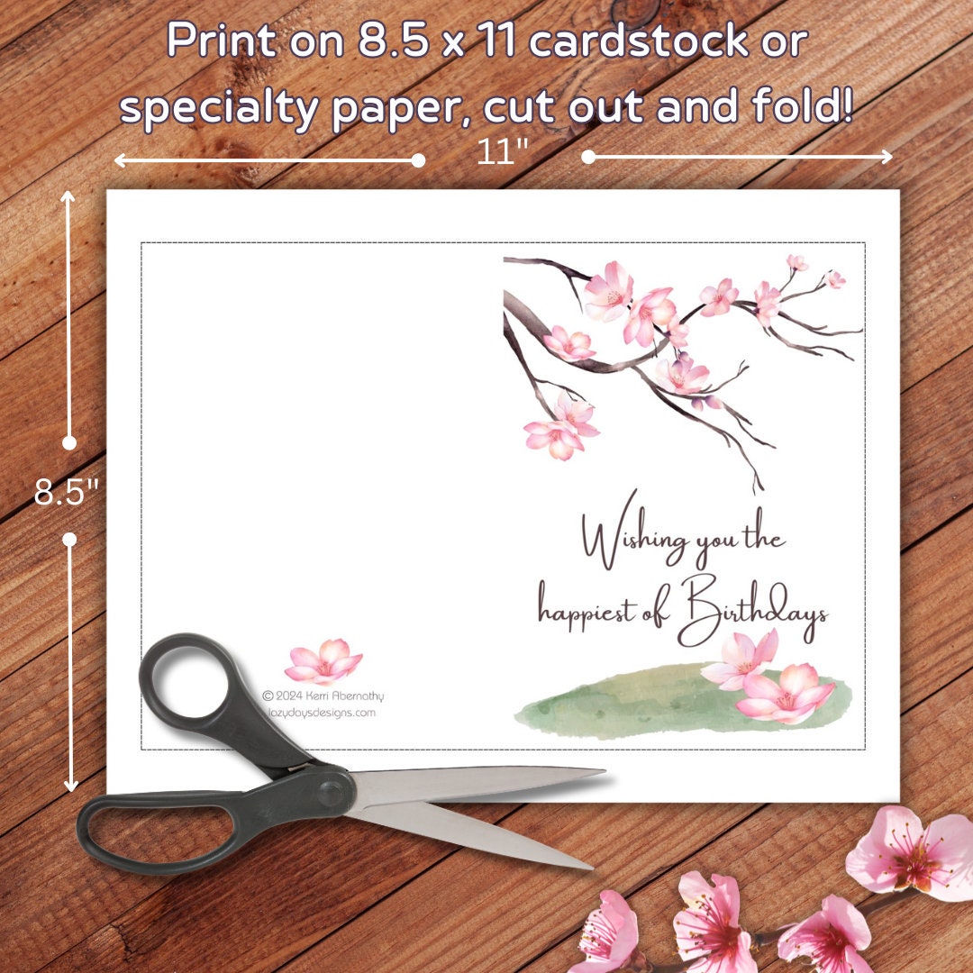 Pink Flowers Birthday Card, Printable, Happy Birthday, Watercolor, 5x7 ...