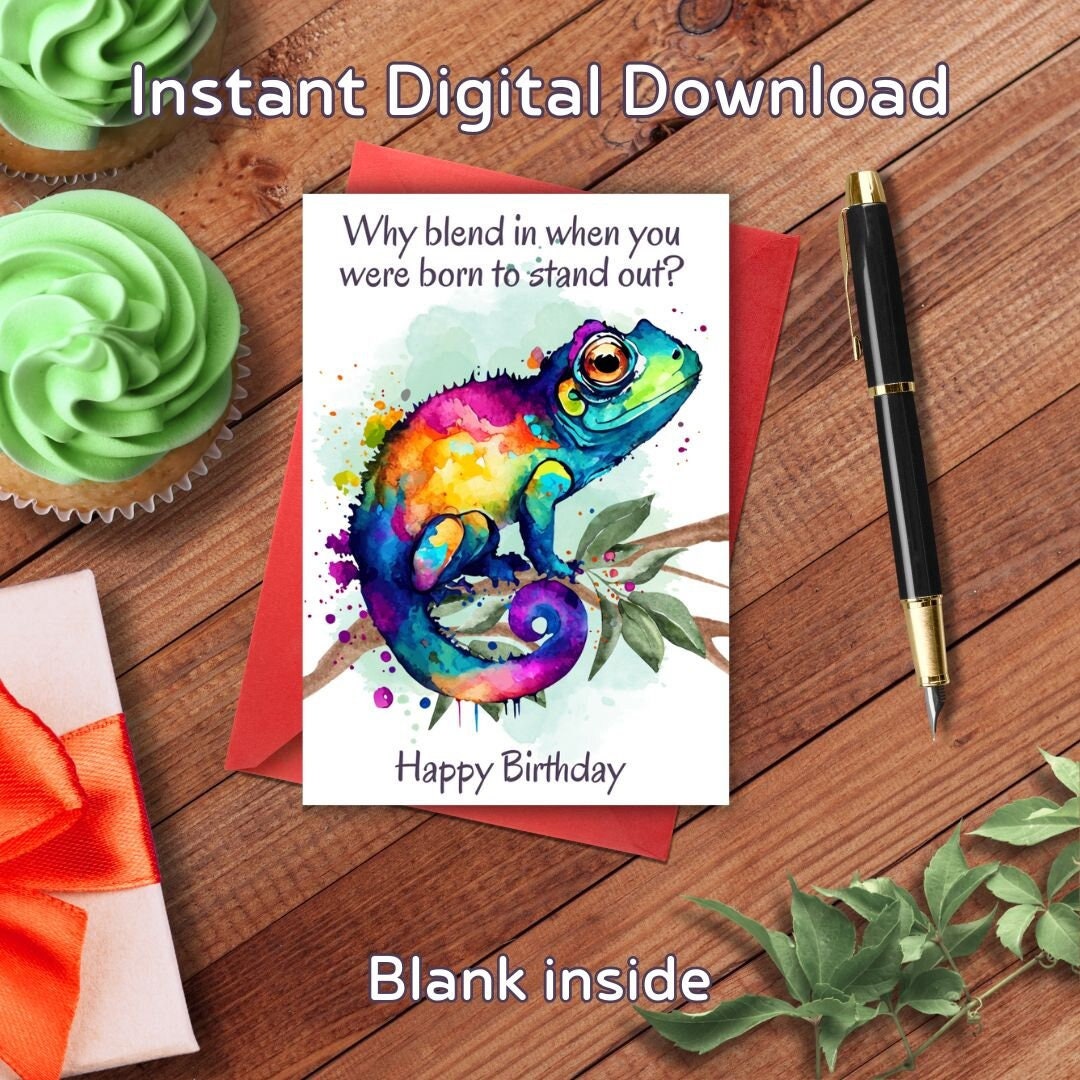 Colorful Chameleon Birthday Card, Printable, Happy Birthday, Watercolor ...