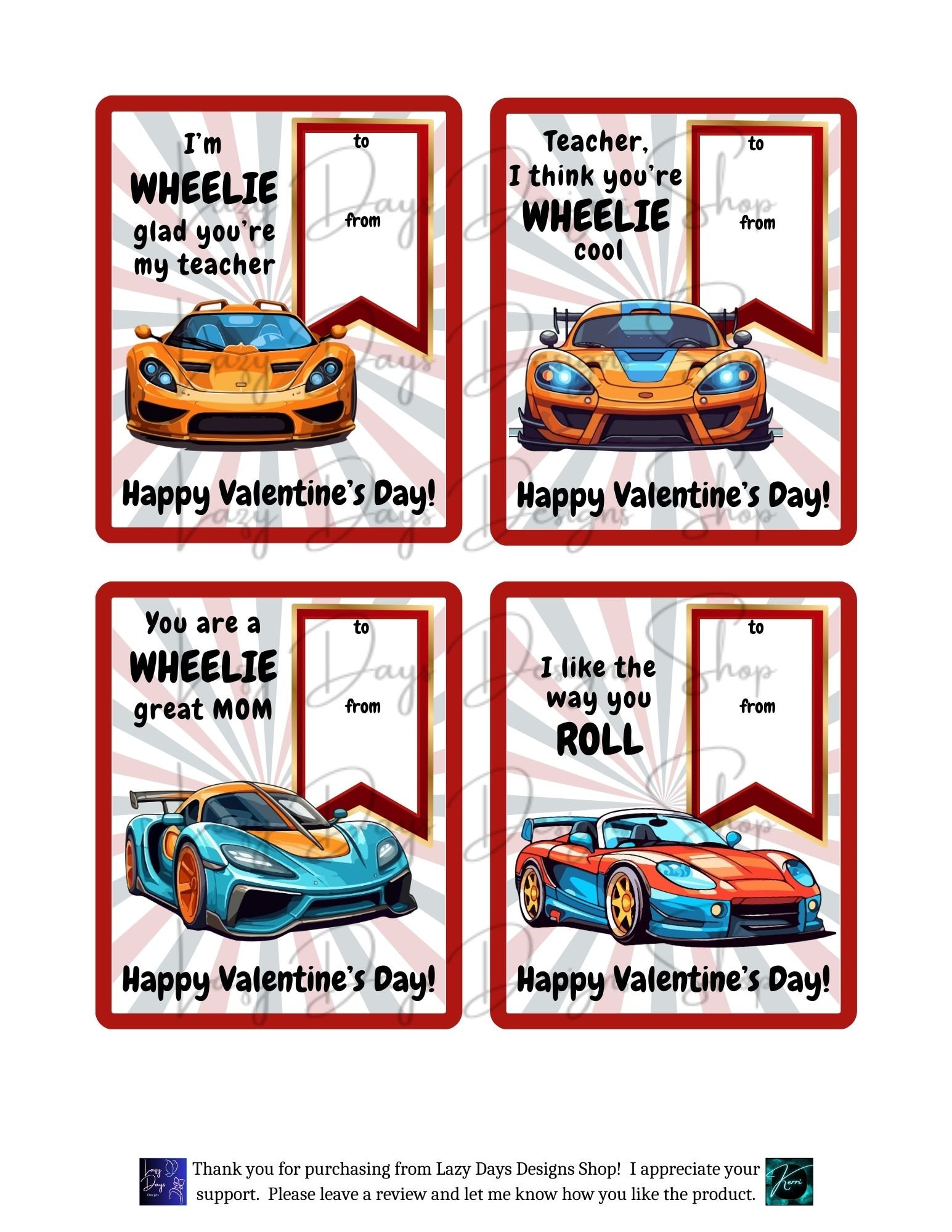 Race Car Valentines for Kids - Classroom, Teacher, Instant Digital ...