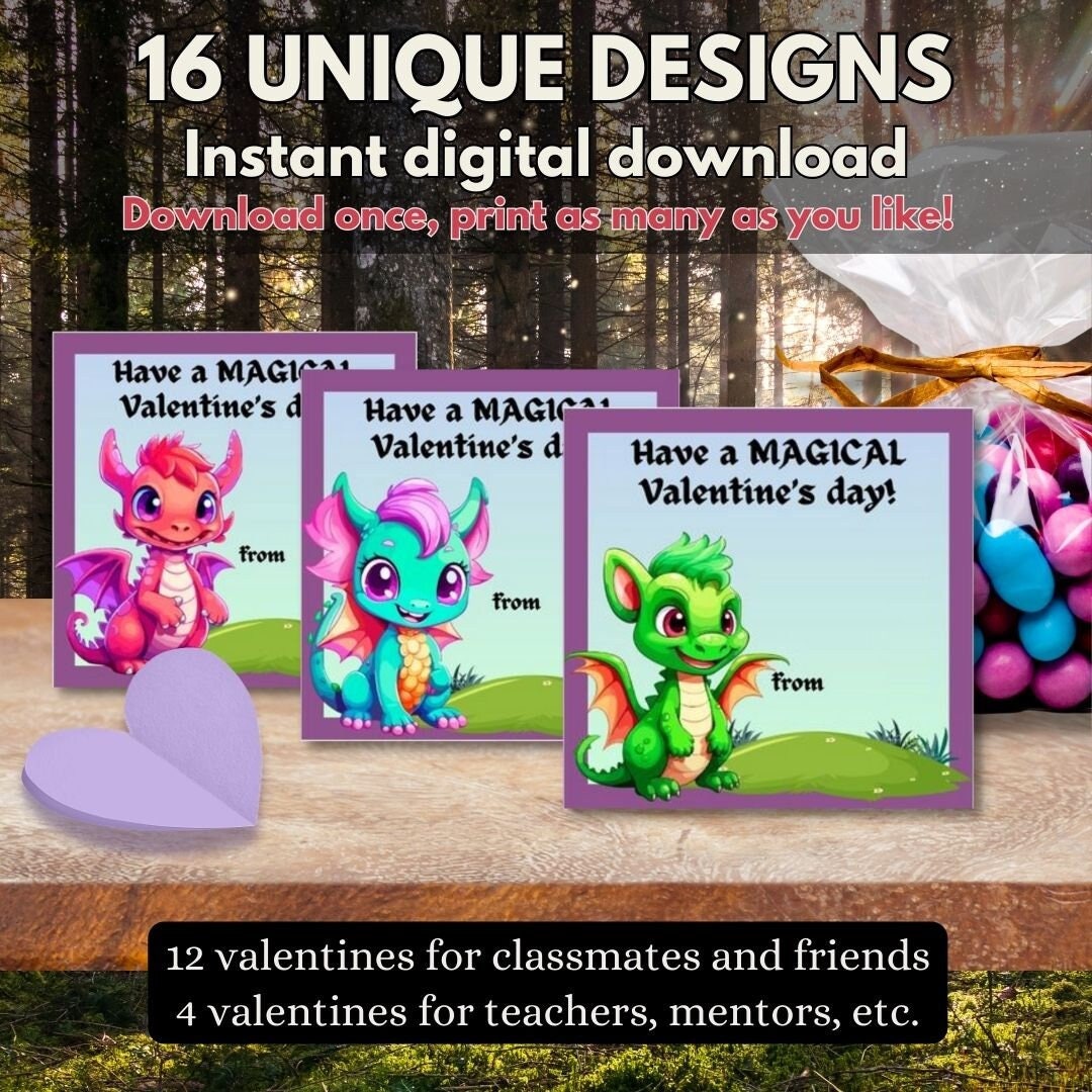Cute Dragon Valentines for Kids - Classroom, Teacher, Instant Digital ...