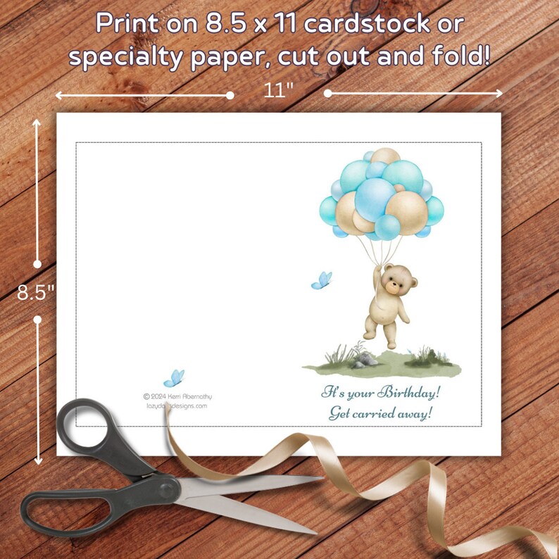 Balloon Bear Birthday Card, Printable, Happy Birthday, Watercolor, 5x7 ...