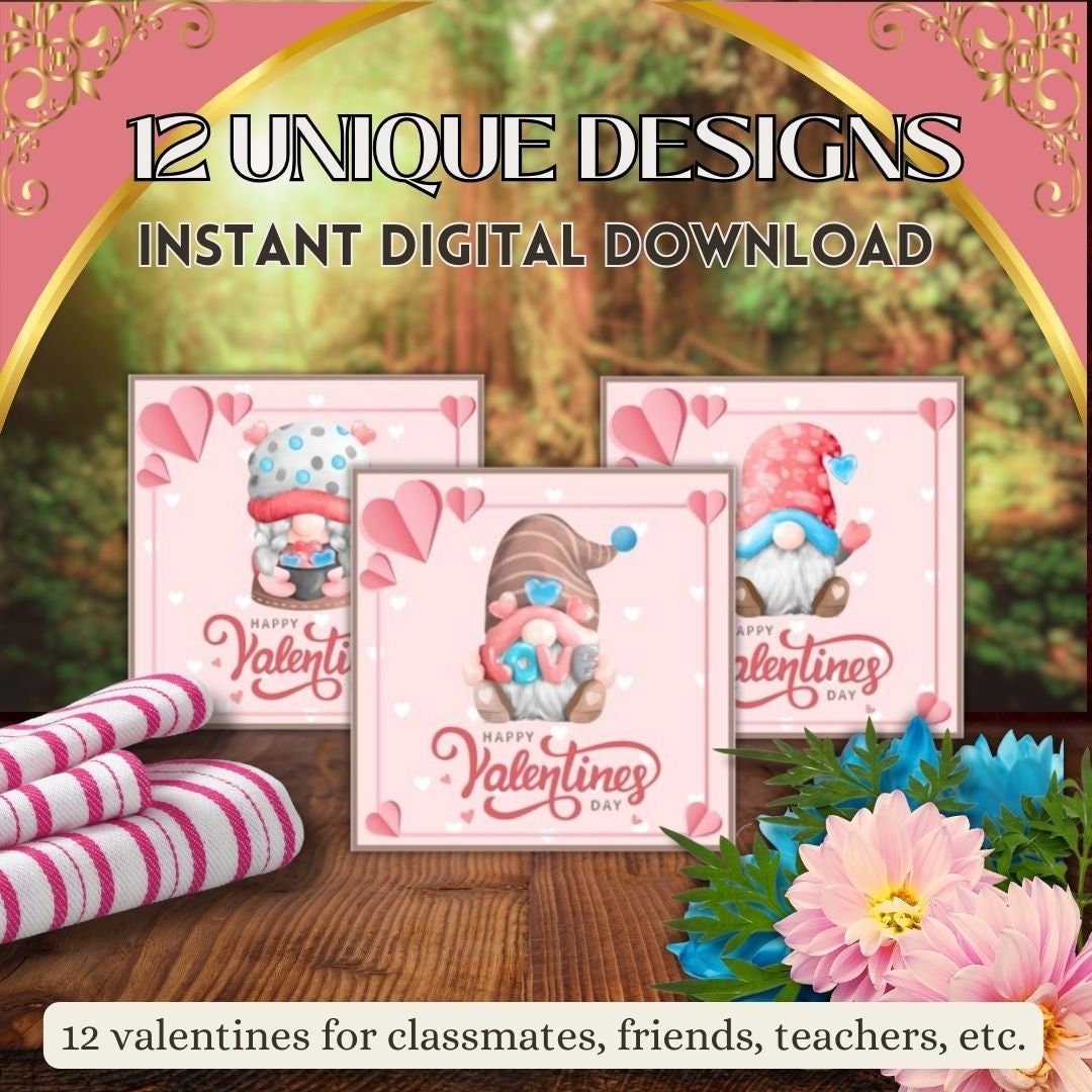 Cute Gnome Valentines for Kids - Classroom, Teacher, Instant Digital ...