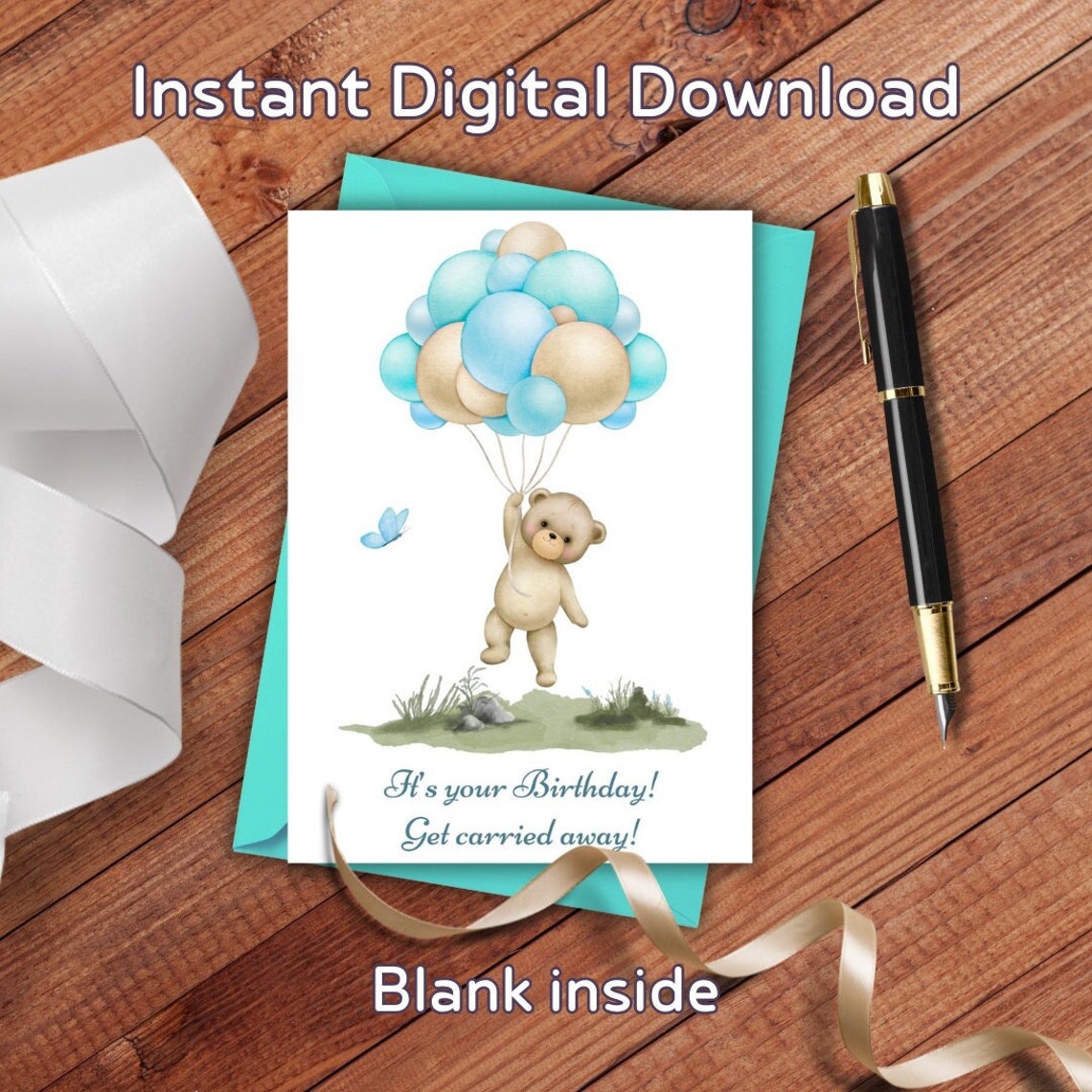 Balloon Bear Birthday Card, Printable, Happy Birthday, Watercolor, 5x7 ...