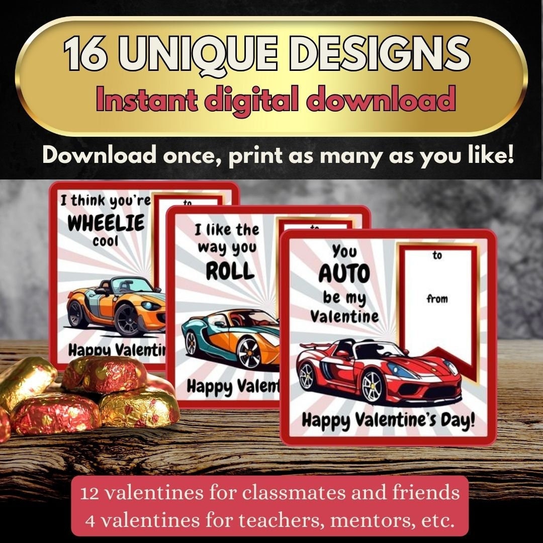 Race Car Valentines for Kids - Classroom, Teacher, Instant Digital ...