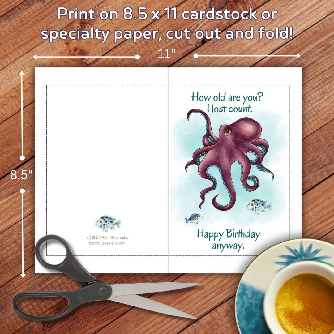 Counting Octopus Birthday Card, Printable, Happy Birthday, Watercolor ...