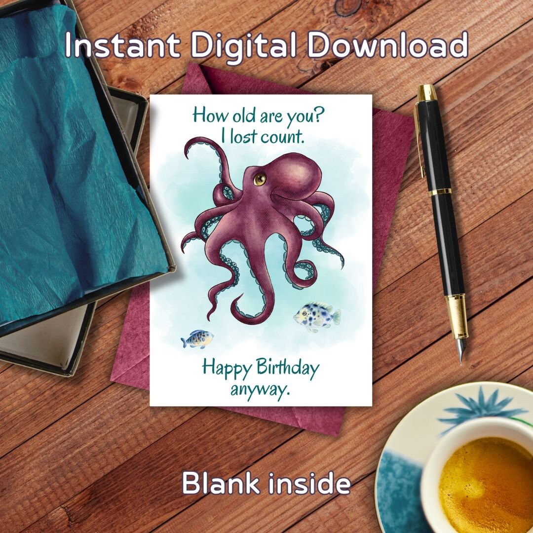 Counting Octopus Birthday Card, Printable, Happy Birthday, Watercolor ...