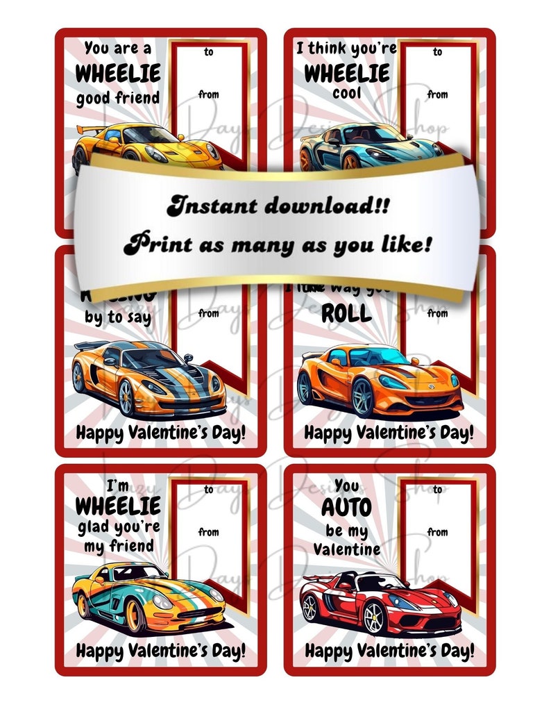 Race Car Valentines for Kids - Classroom, Teacher, Instant Digital ...
