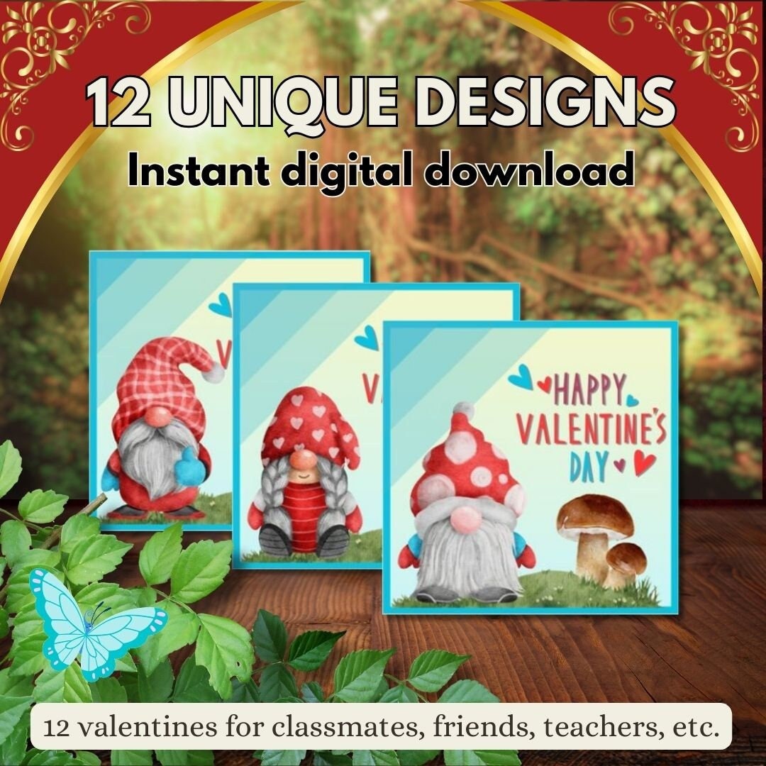 Cute Gnome Valentines for Kids - Classroom, Teacher, Instant Digital ...