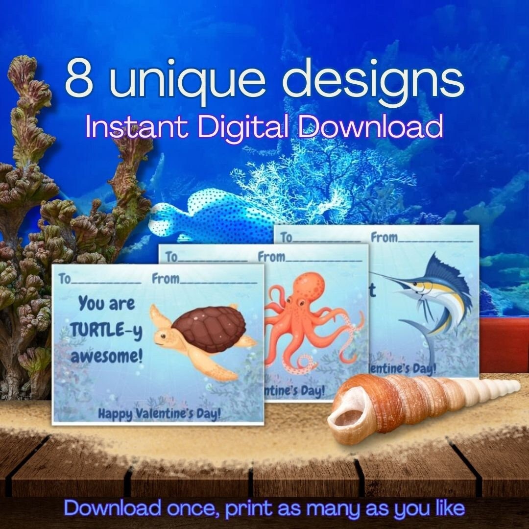 Sea Creatures Valentines for Kids- Cards for Classroom, Instant Digital ...