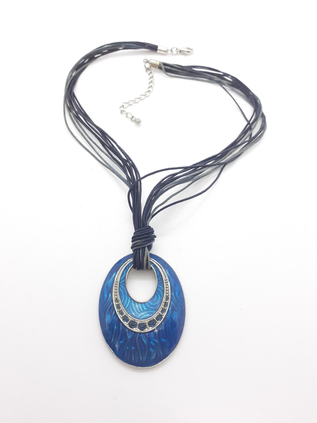 Blue Coloured Multi Strand String Necklace With Blue Oval - Etsy