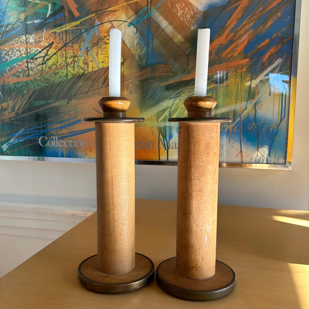 PAIR 12 Wooden Spool Candlesticks Wood and Metal Industrial Candle ...