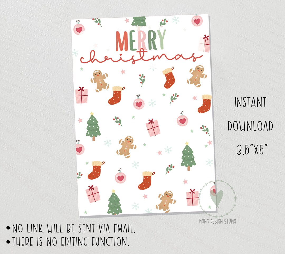 Merry Christmas Printable Mini Cookie Card - 3.5" X 5"/ Christmas ...