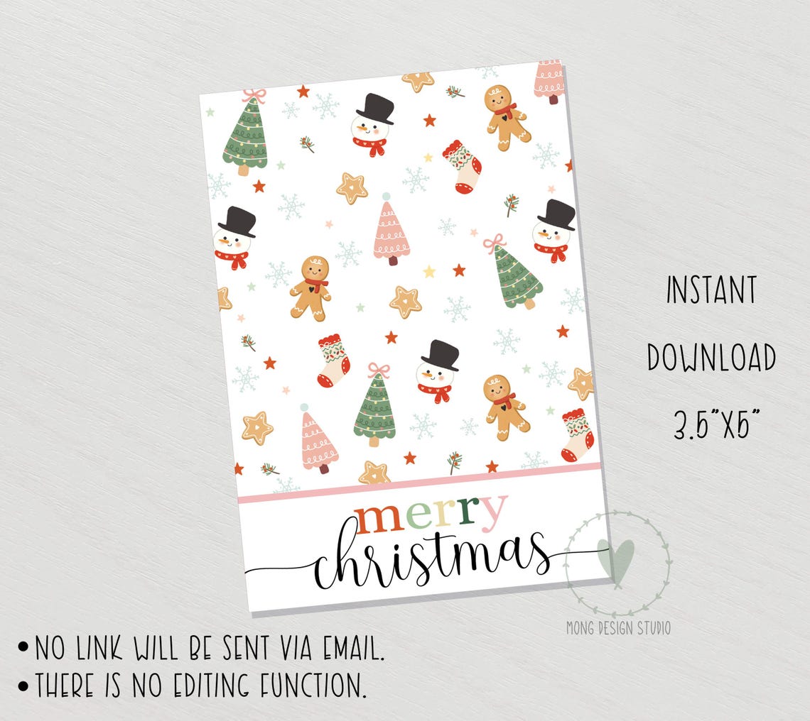 Merry Christmas Printable Mini Cookie Card - 3.5" X 5"/ Christmas ...