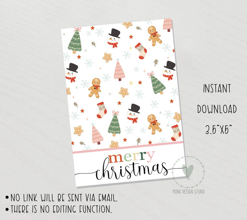 Merry Christmas Printable Mini Cookie Card - 3.5" X 5"/ Christmas ...